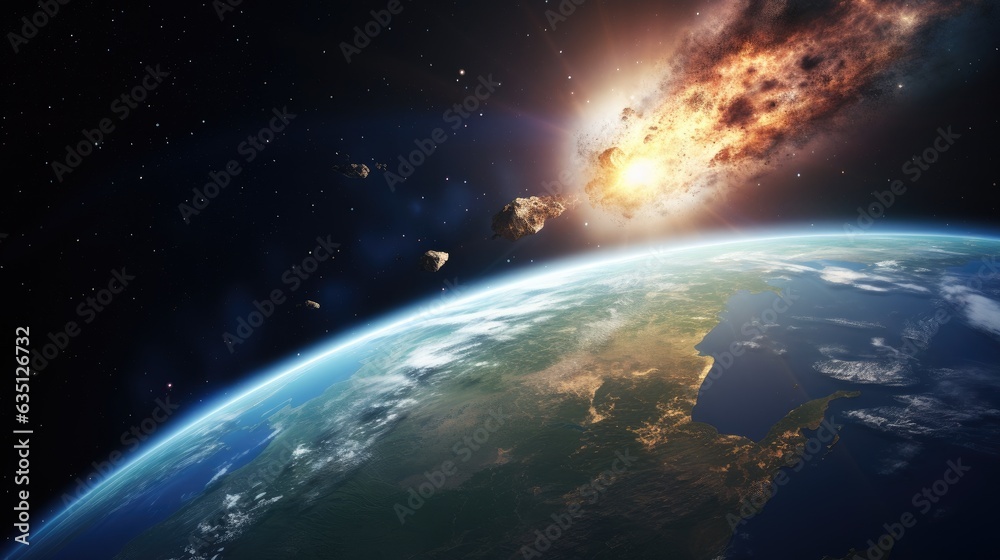 Planet Earth and big asteroid in the space. Asteroid in outer space ...