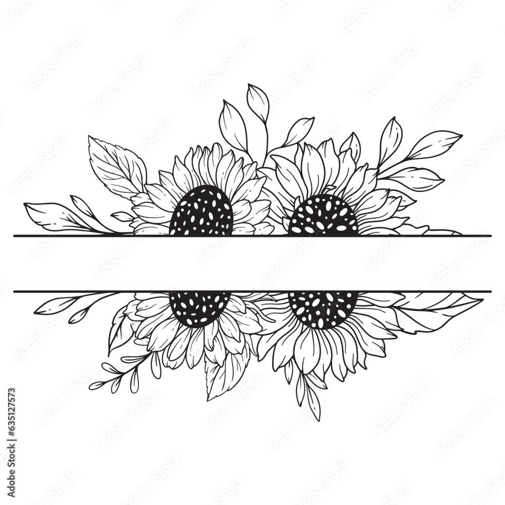 Half Sunflower. Sunflower Frames Line Art, Fine Line Sunflower Frames ...