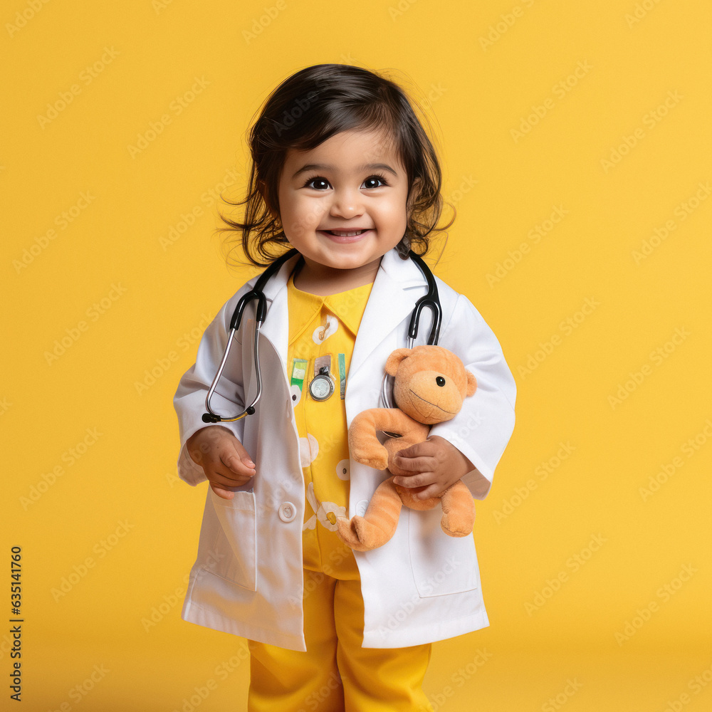 Indian Baby Girl in Doctor getup on yellow background Stock Photo ...