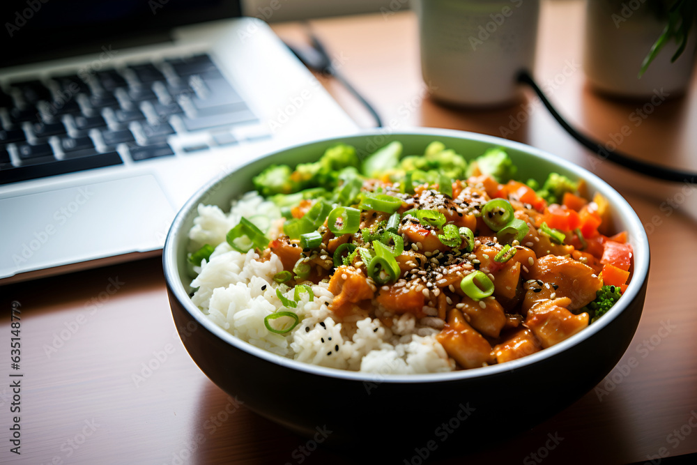 Chicken teriyaki poke bowl. Poke bowl with chicken and vegetables over ...