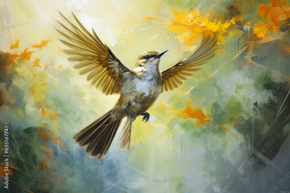 Digital painting of a bird in flight with its wings spread wide. The ...