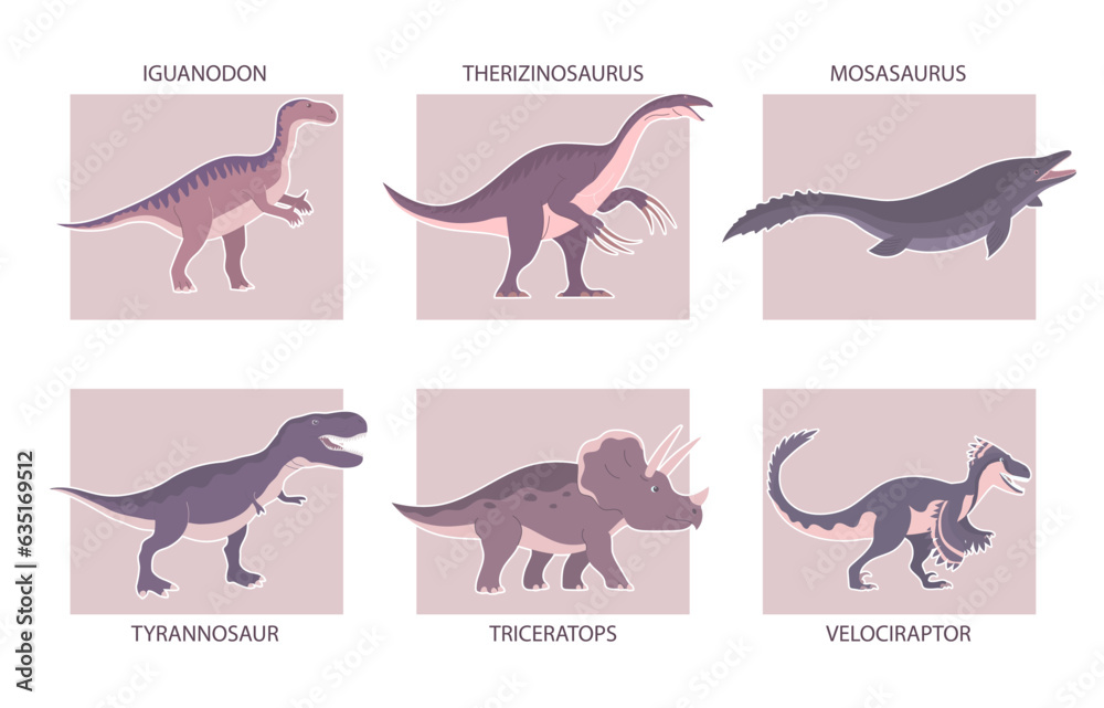 Set of ancient carnivorous and herbivorous dinosaurs. T rex, mosasaurus ...