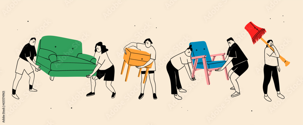 People with various furniture set. Movers carrying sofa, armchair ...