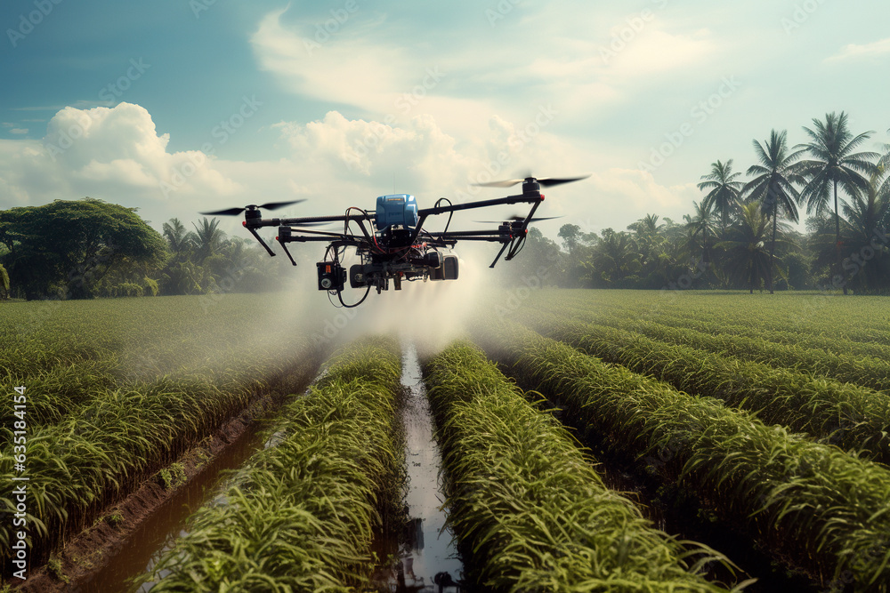 Generative Ai illustration of Drone flying and spraying crop fields with ecological and ...