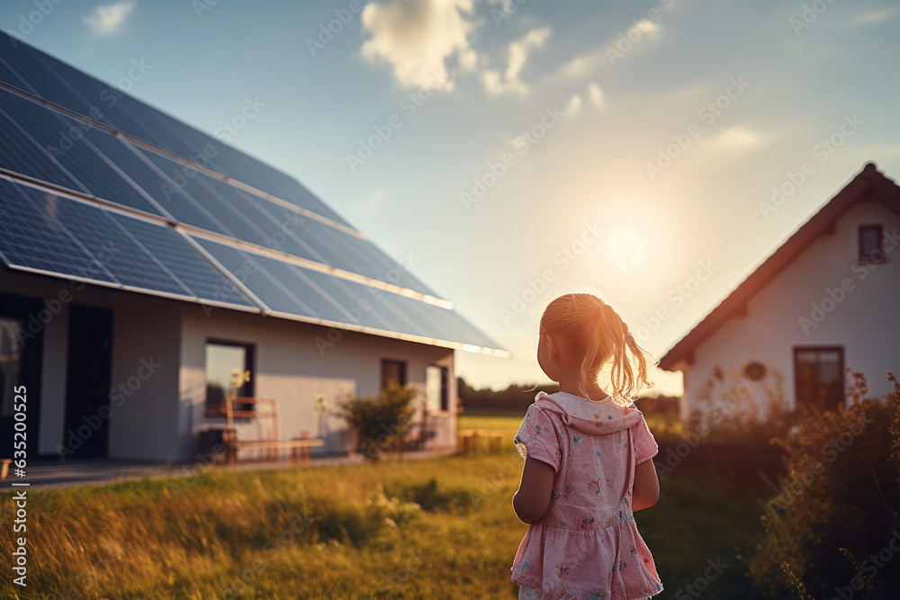 Dad and daughter are standing near the house with installed solar ...