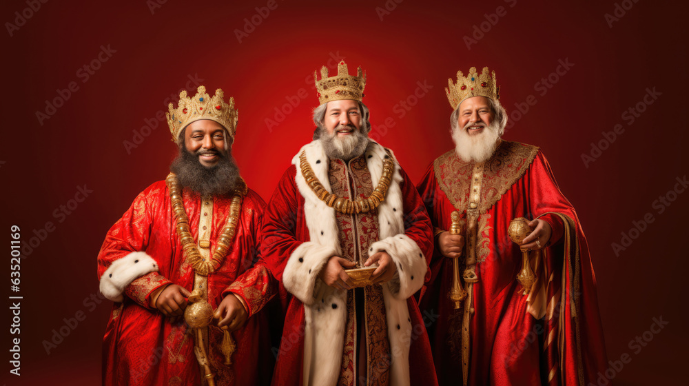 Christmas tradition. The Three Wise Men smiling with robes and crowns ...