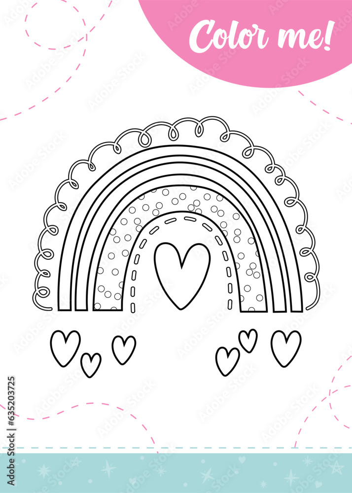 Coloring page for kids with boho rainbow. A printable worksheet, vector ...