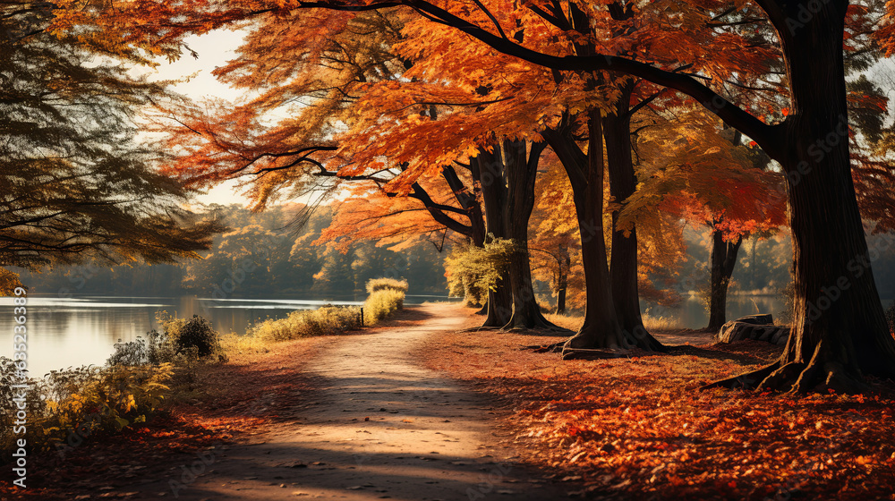 autumn season landscape in park, view of yellow trees alley background ...