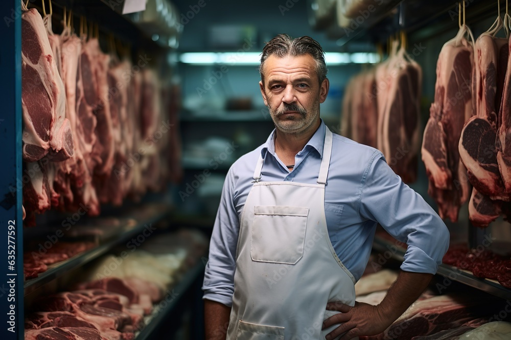 Man standing in front of shelves with raw meat. Male butcher or ...