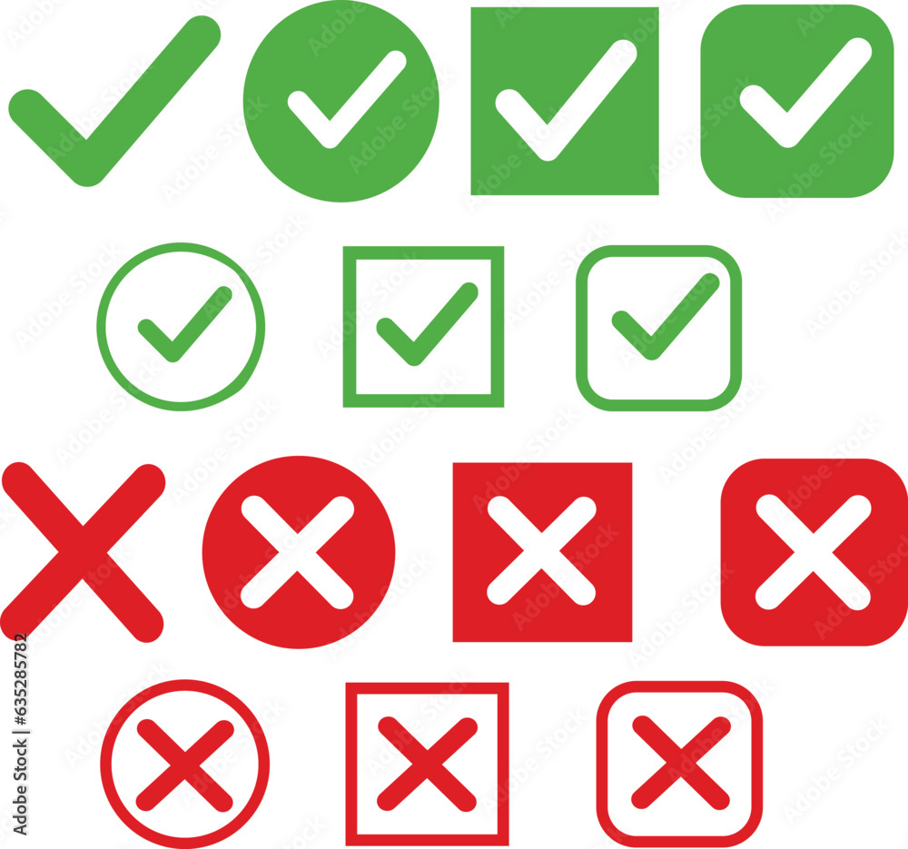 Set green approval check mark and red cross icons collection in circle and square, checklist ...