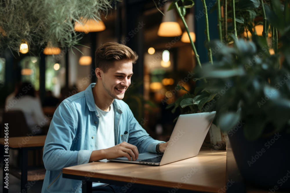 Happy young man, smiling girl student using laptop computer sitting on ...