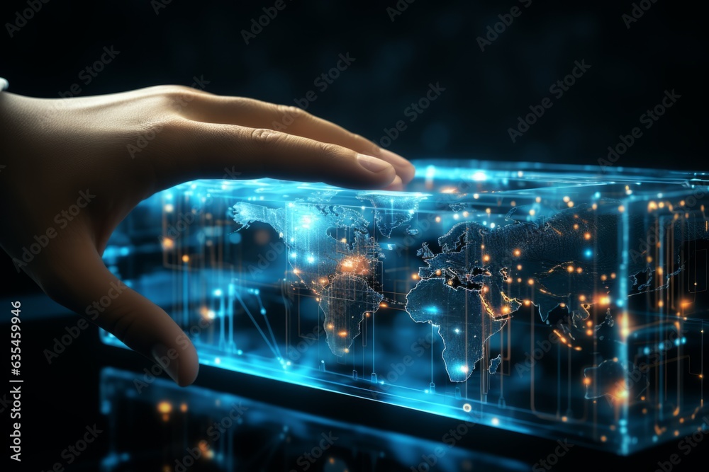 User's hands interacting futuristic technological holographic blue ...