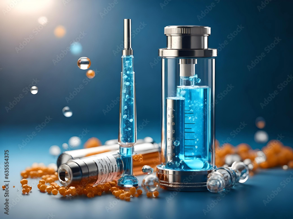 Syringe and vaccine canister with bubbles inside on blue background ...