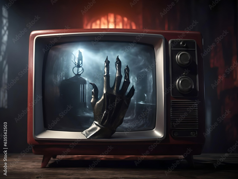 Horror scary movie concept. Hand of ghost on screen of vintage tv in ...