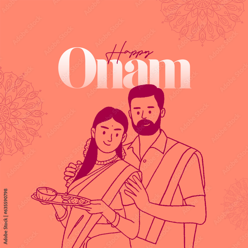 Vetor Happy Onam calligraphy with South Indian couple celebrating Onam ...