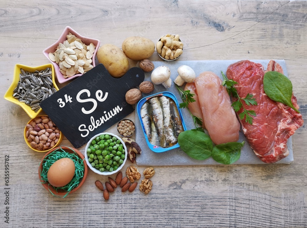 Food rich in selenium with the symbol Se and atomic number 34 for the ...