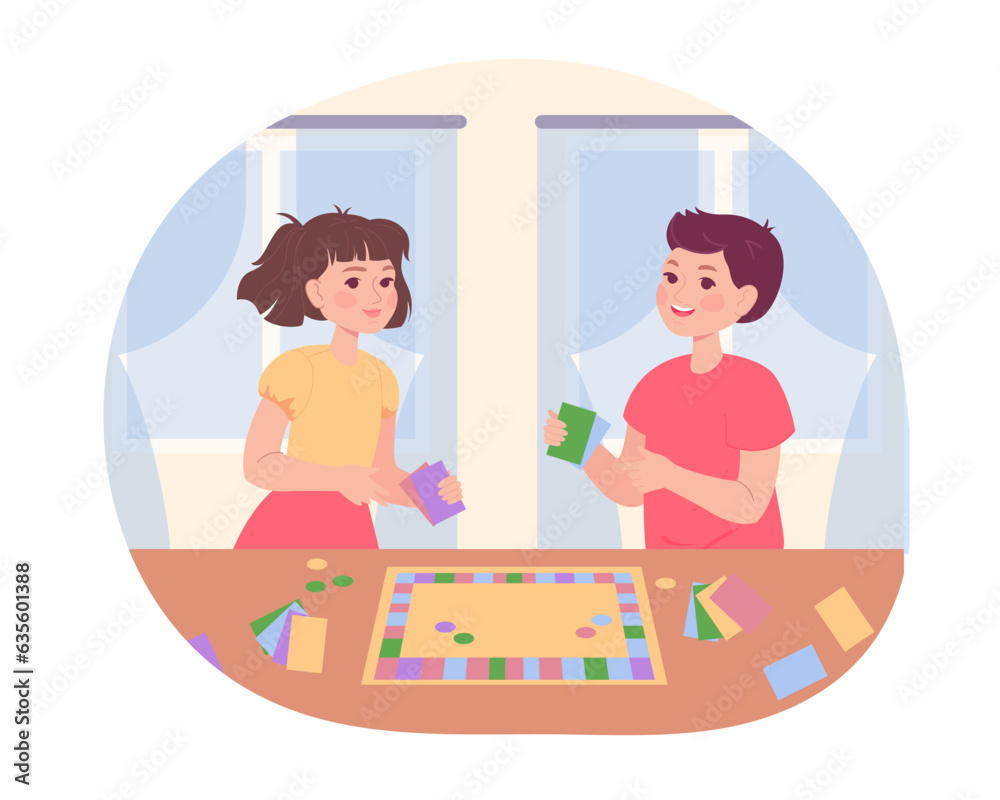 Happy brother and sister playing board games vector illustration ...