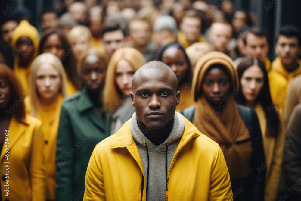 People crowd at city street, rush hour. Man in yellow jacket stand out ...
