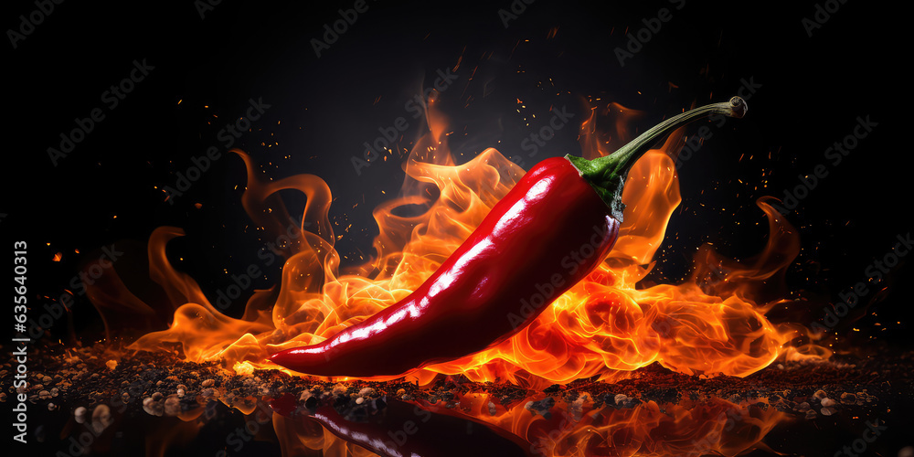 Red hot chilli pepper in fire on dark black background. Creative ...