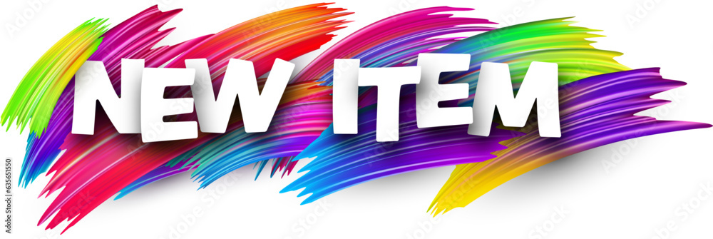 New item paper word sign with colorful spectrum paint brush strokes ...