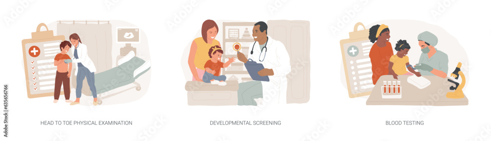 Pediatric check up isolated concept vector illustration set. Head to ...