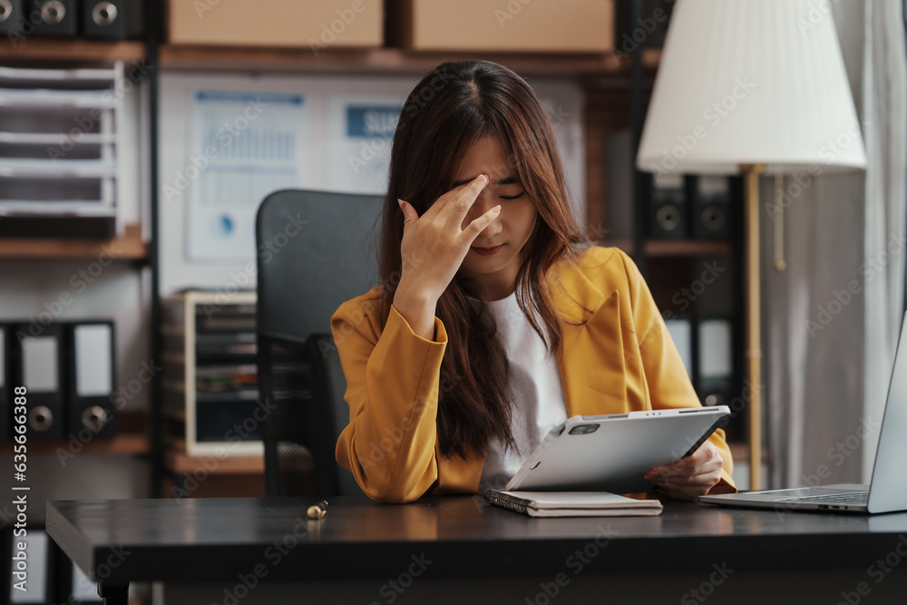 Businesswoman in formal suit and stress, including back pain, Acne and ...