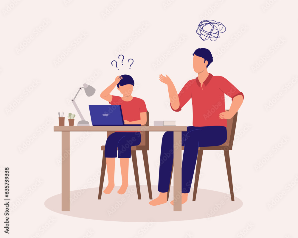 Frustrated Father Helping His Son To Do His Homework At Home. Little ...