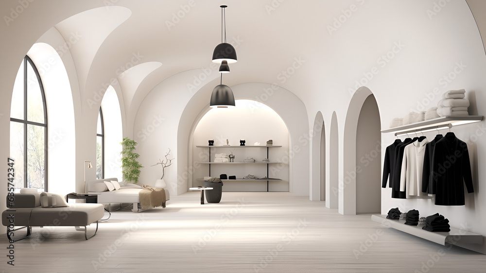 a modern minimal fashion retail interio ddesign, arched vaulted ...