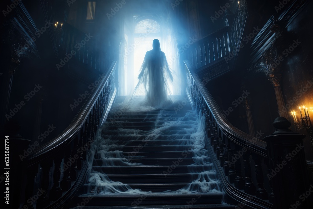 Ominous ghostly figure ascending the grand staircase at midnight in ...