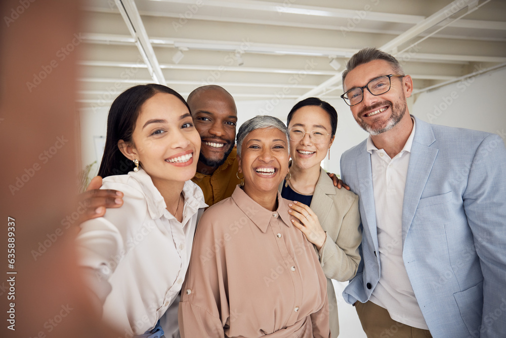 Portrait, selfie and diversity of business people smile in office for trust of global team ...