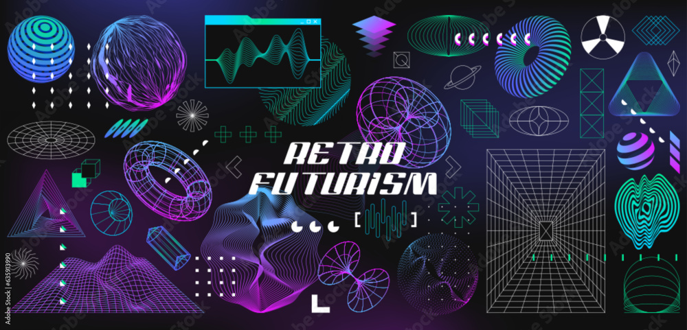 Retrofuturistic set of cyber shapes. Abstract 3d wireframe geometry ...