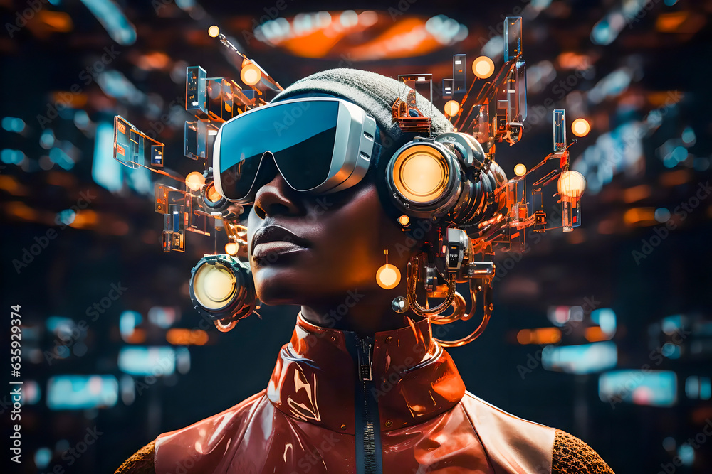 Young black stylish woman in vr glasses and headset with bright lights ...