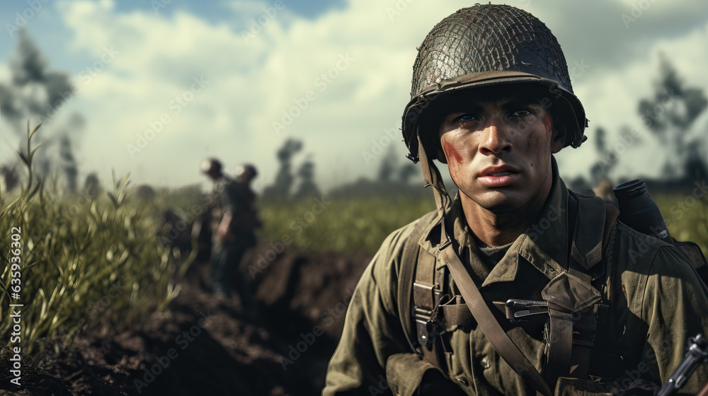 World War 2 solider on the battlefield. Concept of Historical conflict ...