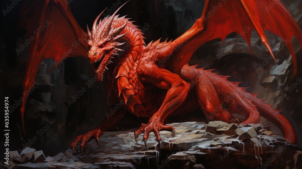 Roaring red dragon closeup. Angry bright red reptile with a growl, and ...
