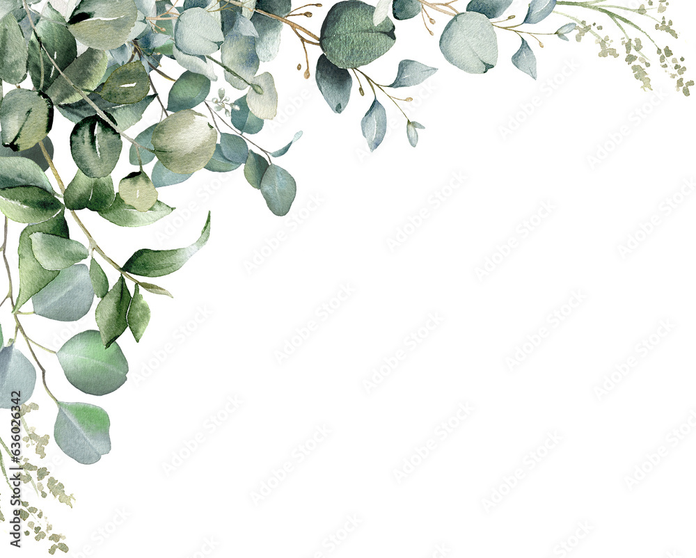 Watercolor eucalyptus illustration. Corner border. Greenery frame ...