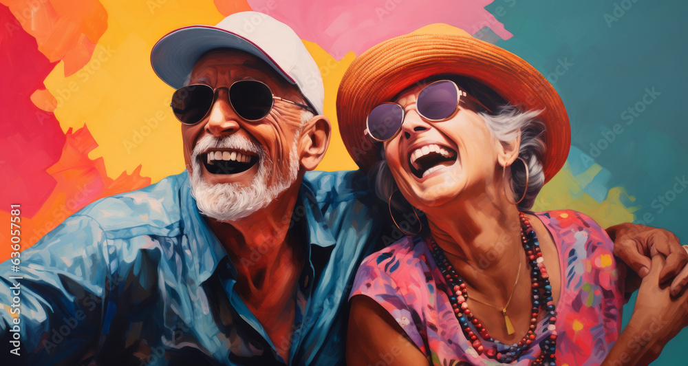 Happy elderly couple in love, hugging and smiling together on a ...