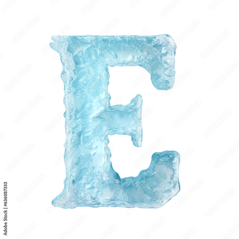 Lowercase letter E made of cracked ice with a light blue texture and ...