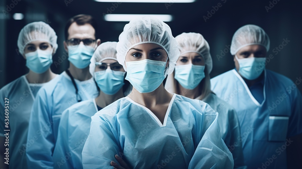 Medical team in surgical scrubs and masks huddles around a lit x-ray in ...