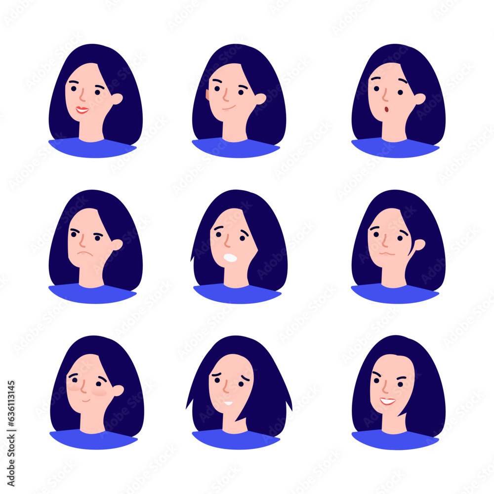 Woman with different emotional states vector illustrations set. Girl ...