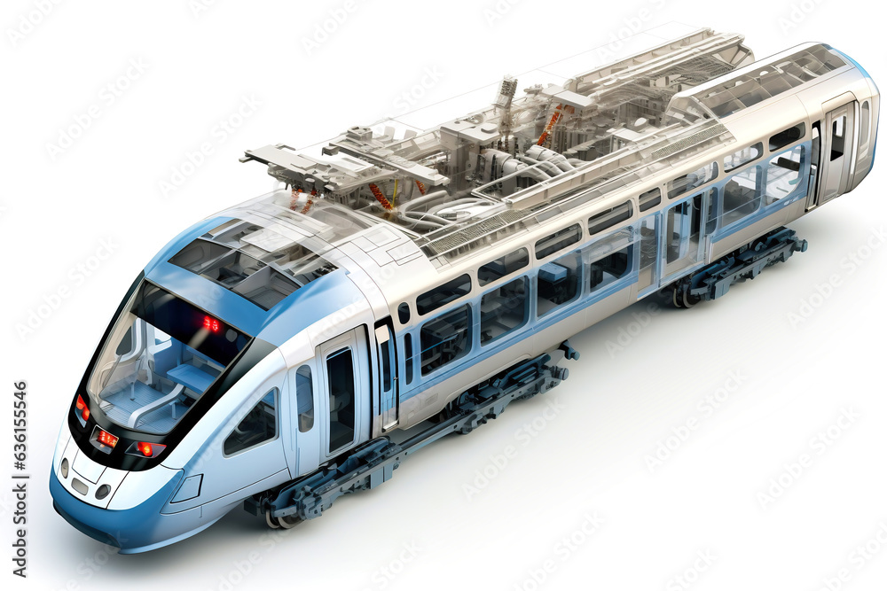 Projection of a modern train or electric locomotive. 3D graphic ...