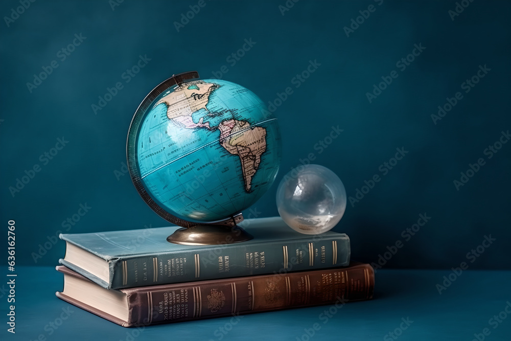 Globe and stack of books on dark background. Education concept ...