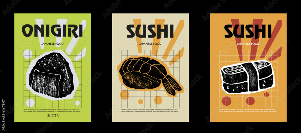 Japanese sushi, onigiri set. Price tag or poster design. Set of vector ...