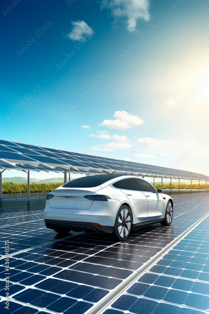 an electric vehicle being charged by solar panels. Created with ...