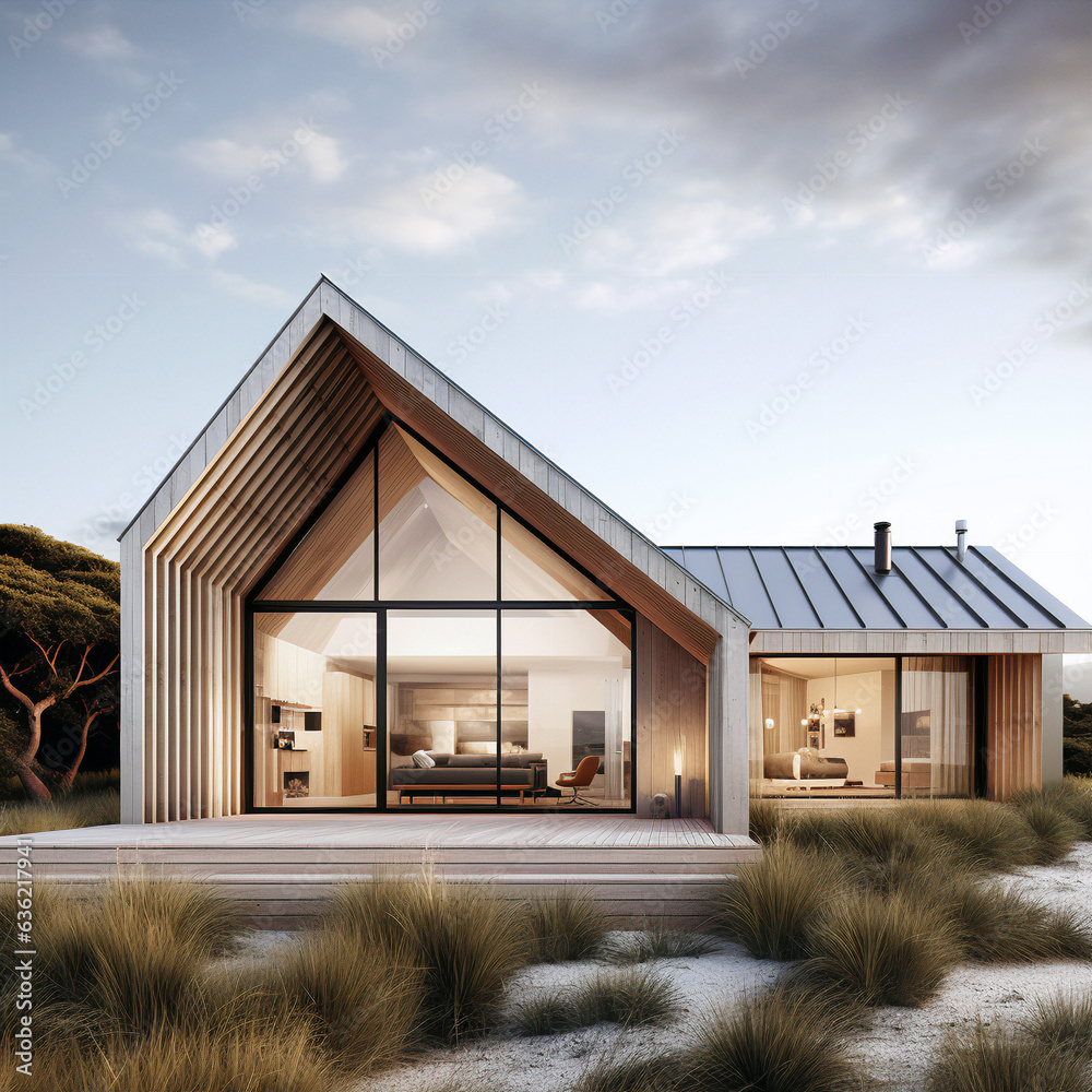 Metal sheet gable roof house with timber cladding and twin adjoining ...