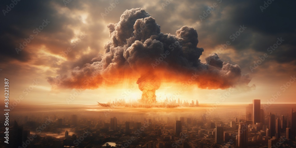 Nuclear Explosion's Mushroom Cloud over City Skyline. Generative ai ...