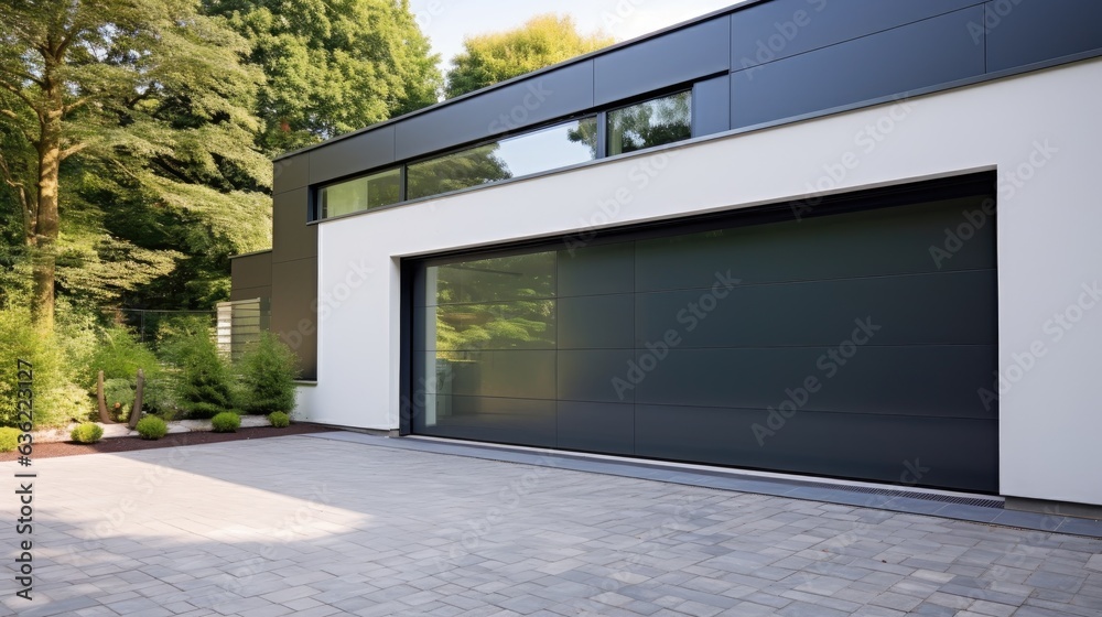 Modern and luxurious garage with driveway and roller door created with ...