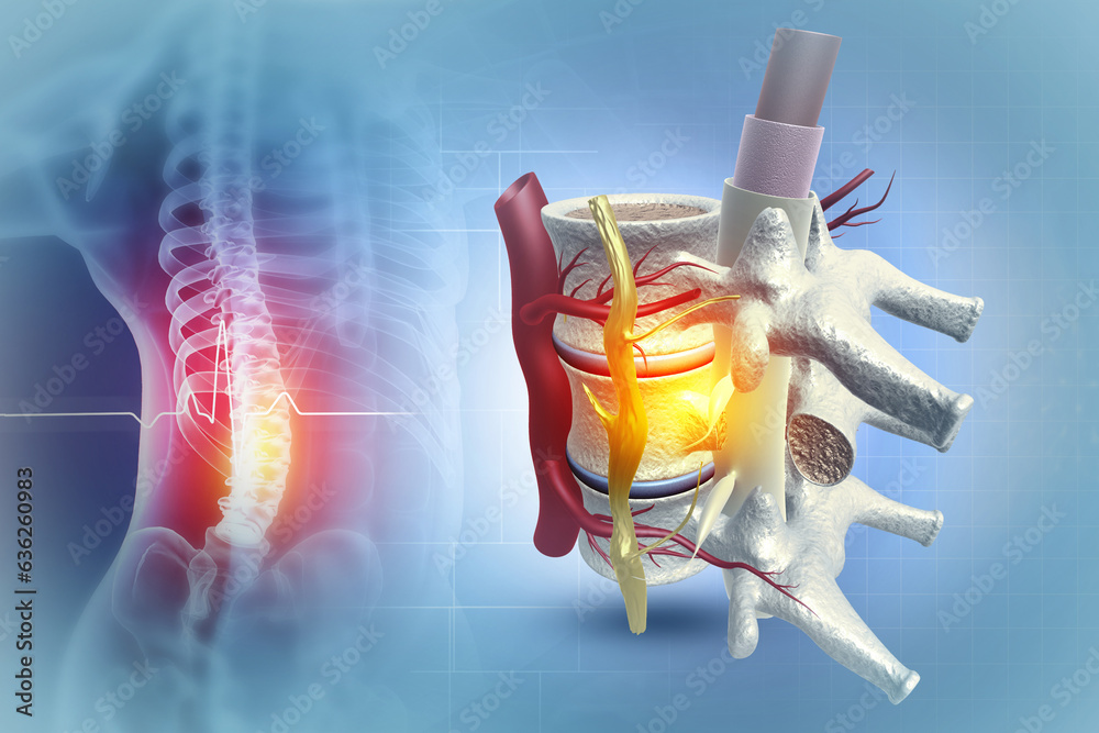 Human spinal cord injury, back pain on blurred background. 3d ...