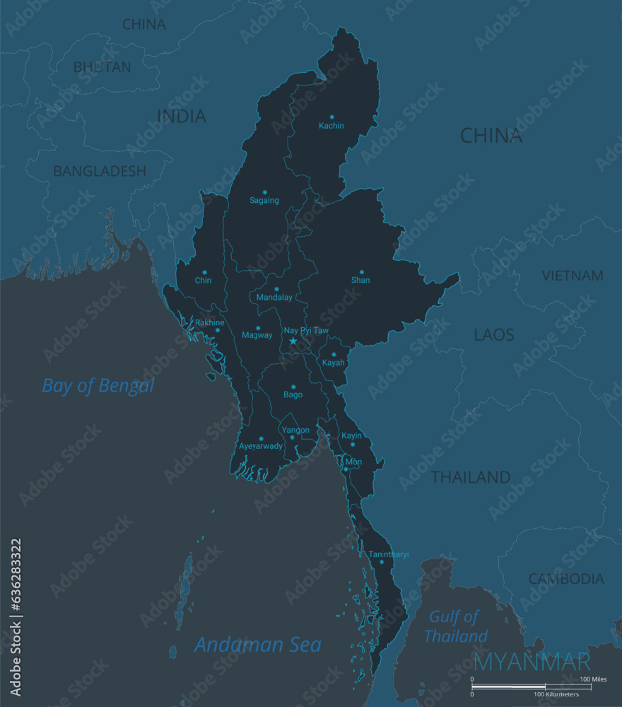 Myanmar map. High detailed map of Myanmar with countries, borders ...