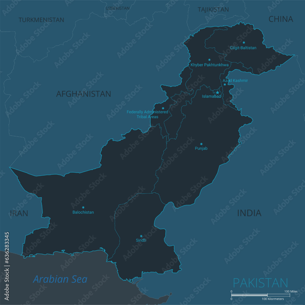 Vector de Stock Pakistan map. High detailed map of Pakistan with countries, borders, cities ...