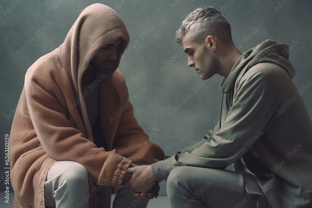 Handsome beautiful young man comforting his sad boyfriend. Two young ...